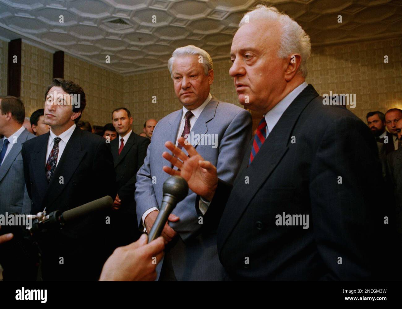 Georgian leader Eduard Shevardnadze talks to reporters during a news ...
