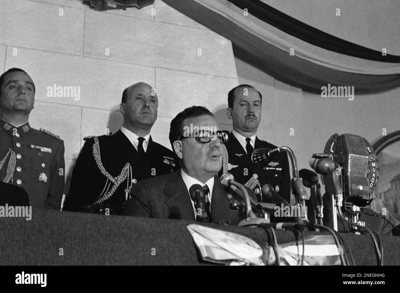 Chile President Salvador Allende speaks at press conference, July 1971 ...