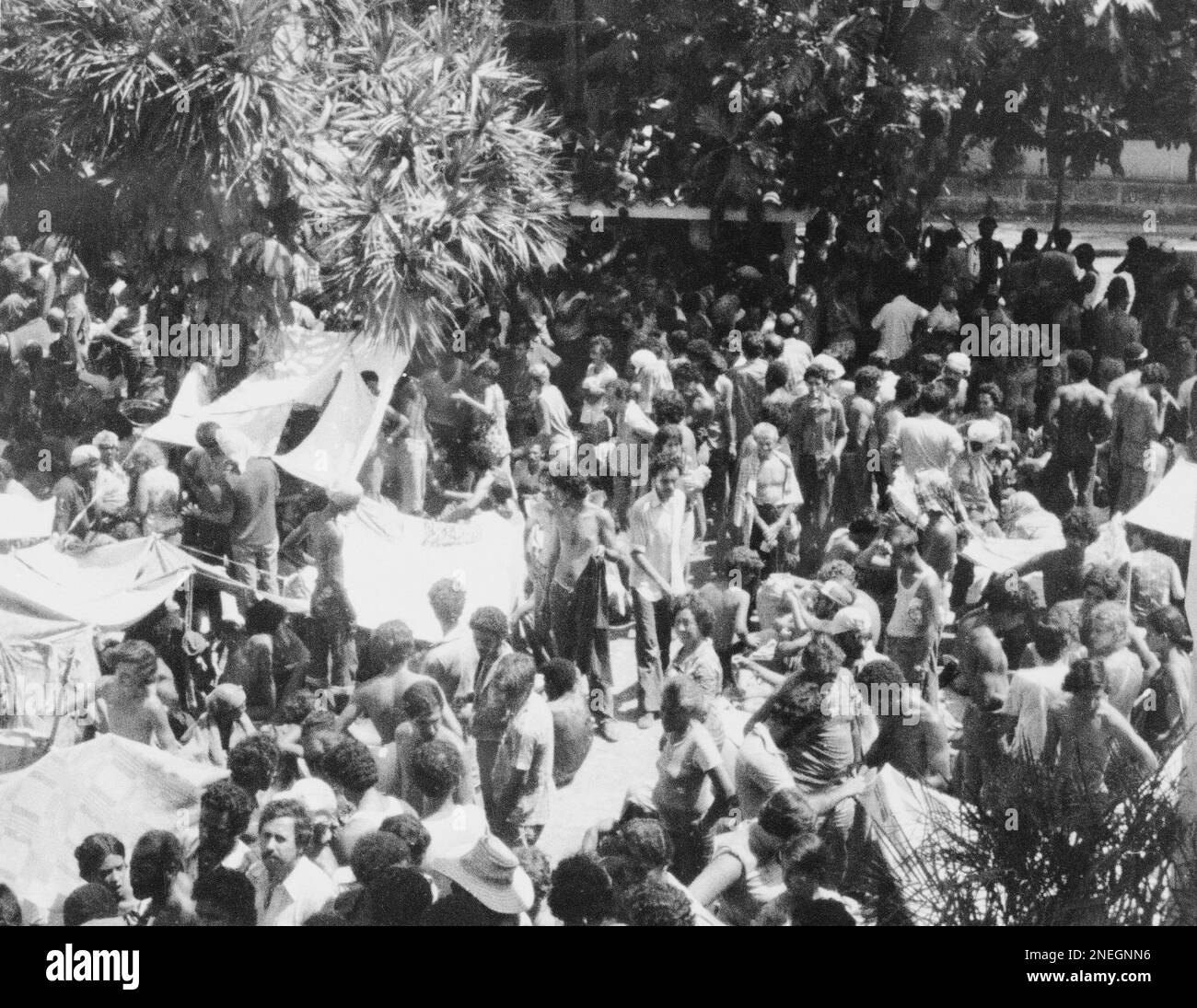 Cuban refugees inside the Peruvian Embassy compound in Havana in April ...