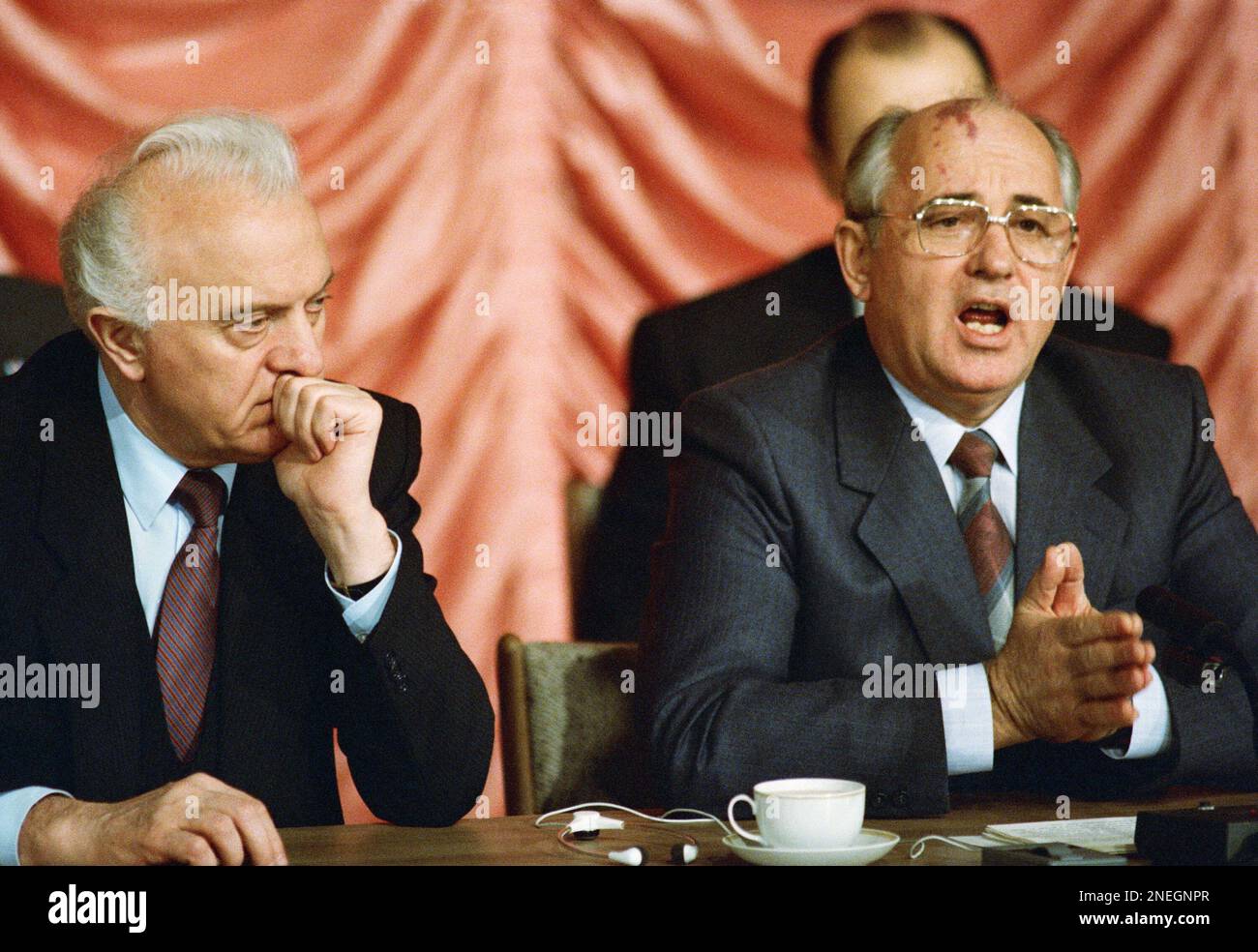 Soviet leader Mikhail Gorbachev speaks at a news conference at the ...
