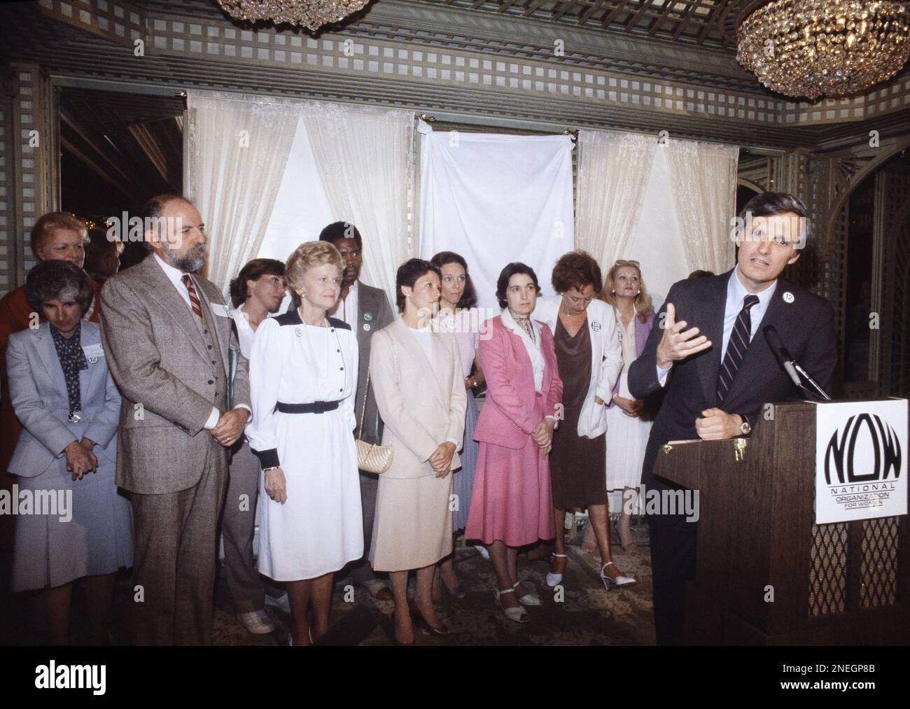 Alan Alda speaking at ERA N.O.W. event in June 1981. (AP Photo/Randy ...
