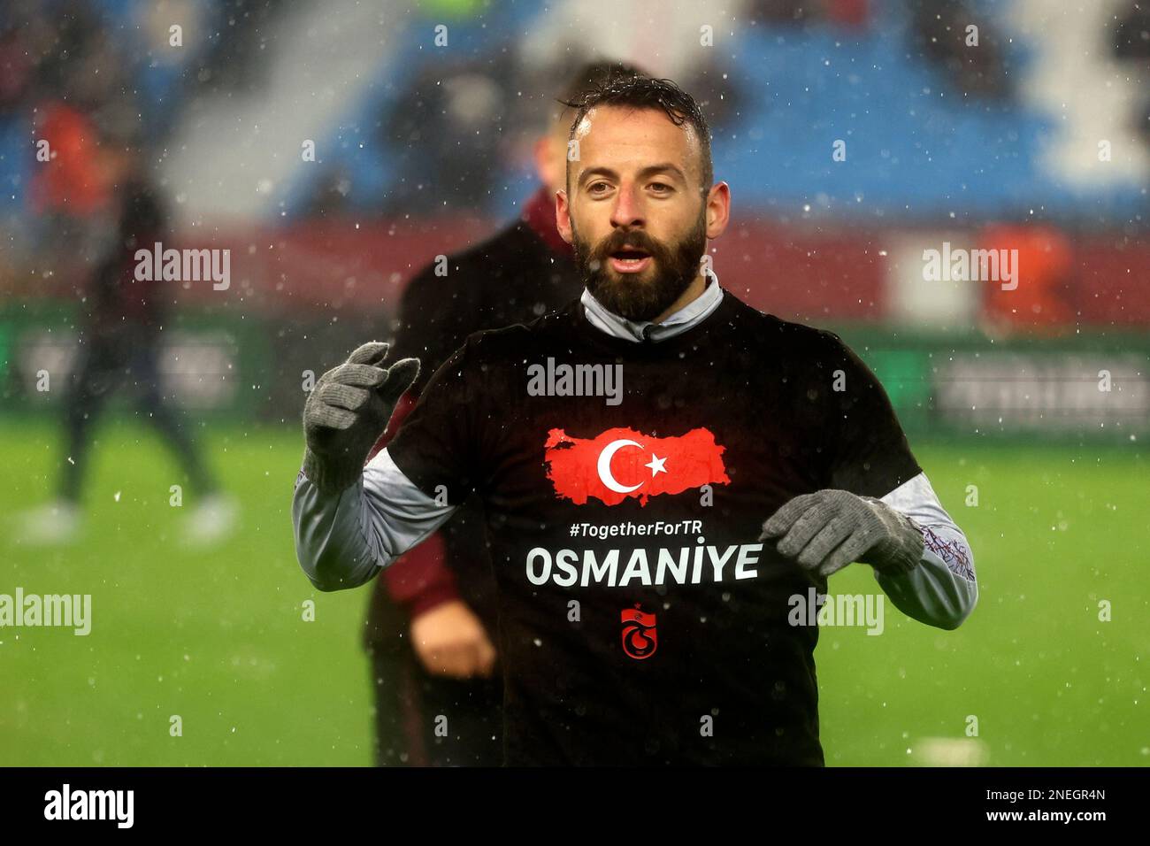 Trabzonspor's Manolis Siopis gestures during the warm up before a ...