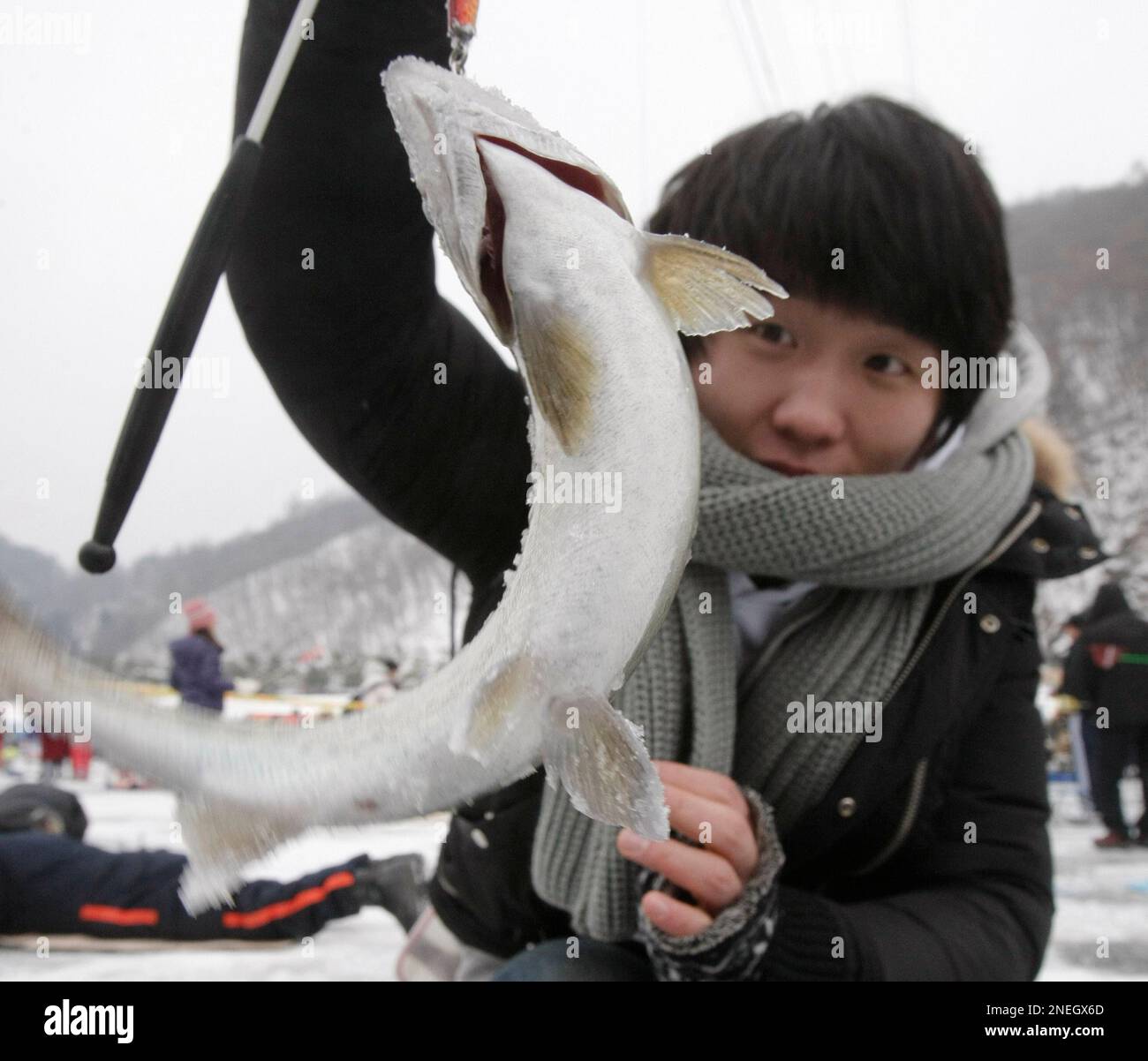 A South Korean angler Kim Lee-chun catches a trout through a hole created in the surface of a ...