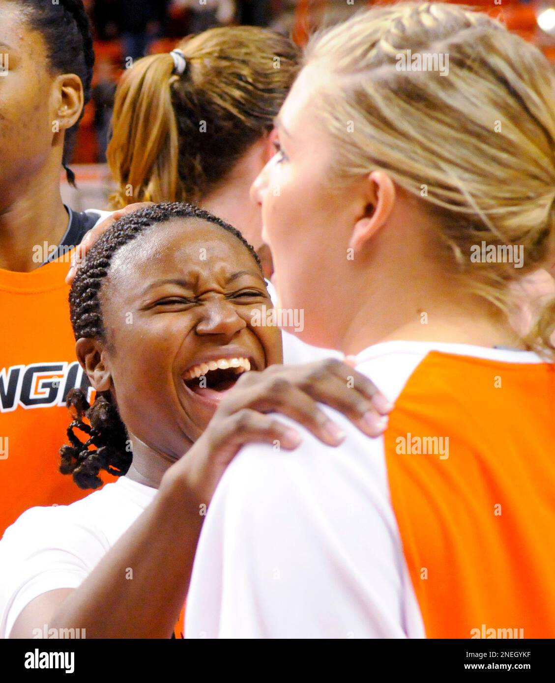 Oklahoma State guard Andrea Riley, center, celebrates her team's 78-65 ...