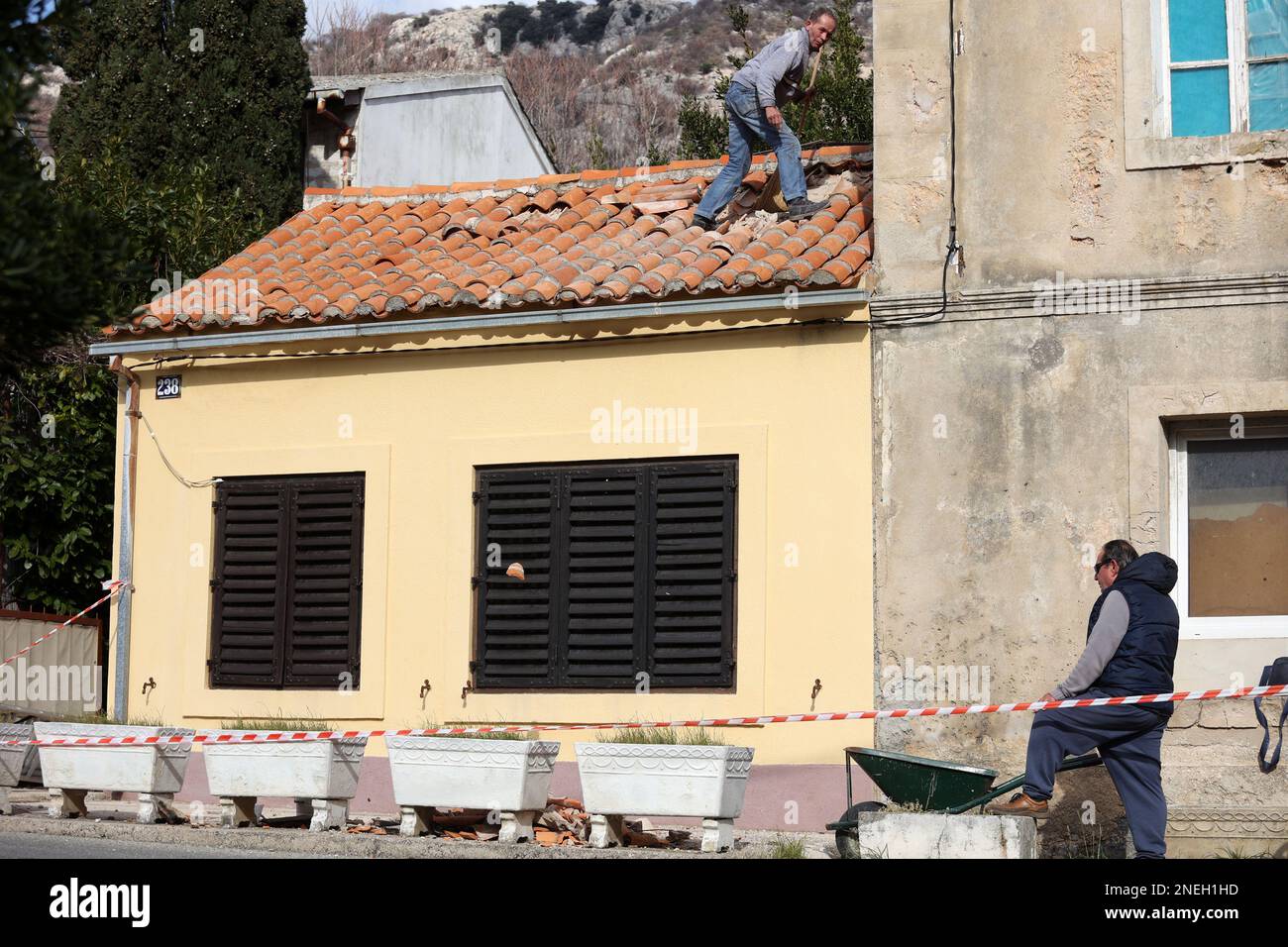 Destroyed roof tile seen after an earthquake in Bascanska Draga ...