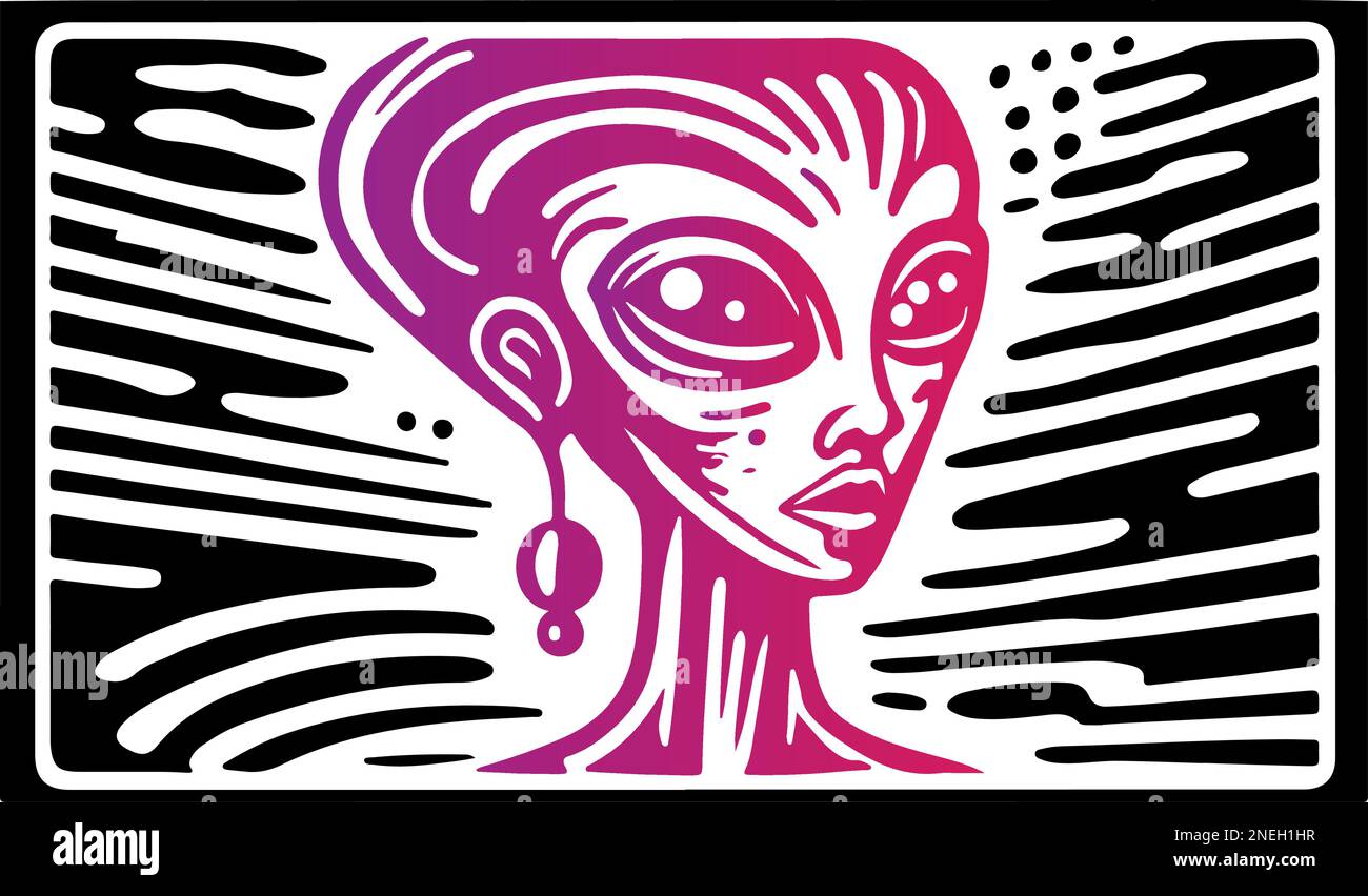 Beautiful and mysterious linocut art of an alien made for print digital ...