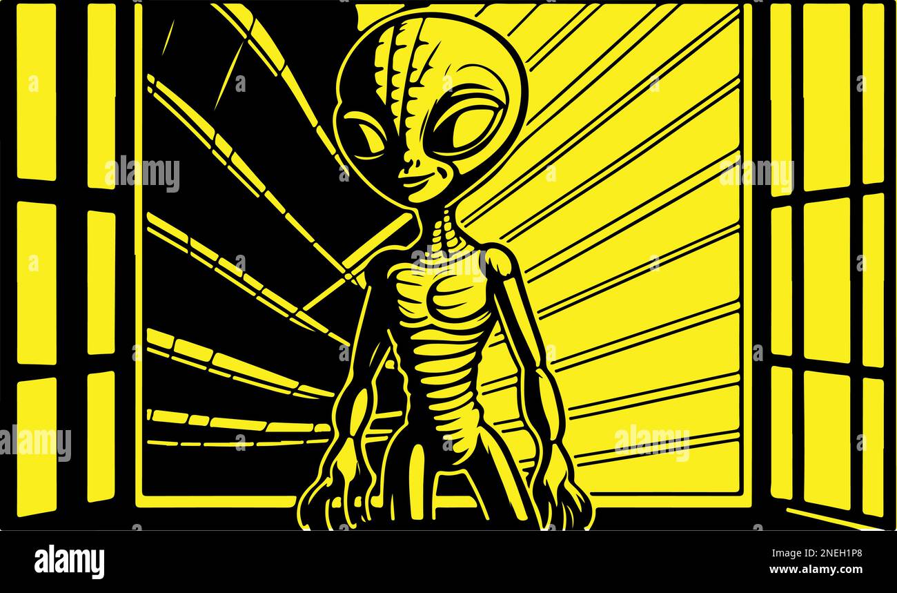 Beautiful and mysterious linocut art of an alien made for print digital ...
