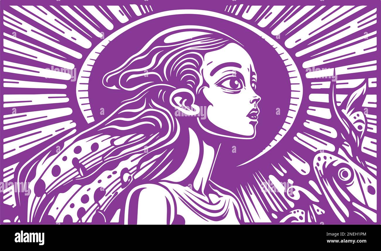 Beautiful and mysterious linocut art of an alien made for print digital ...