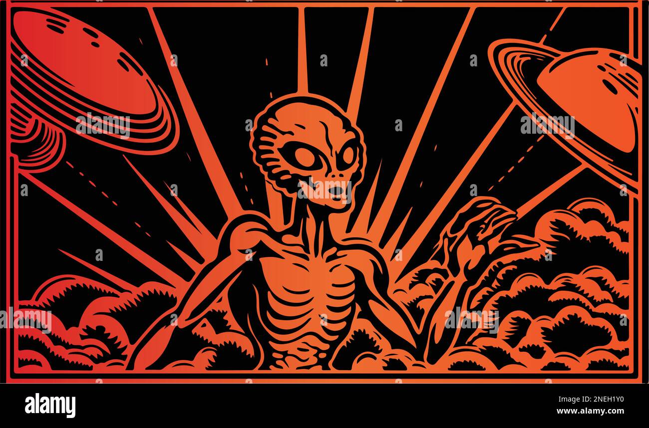 Beautiful and mysterious linocut art of an alien made for print digital ... Beautiful and mysterious linocut art of an alien made for print digital ...