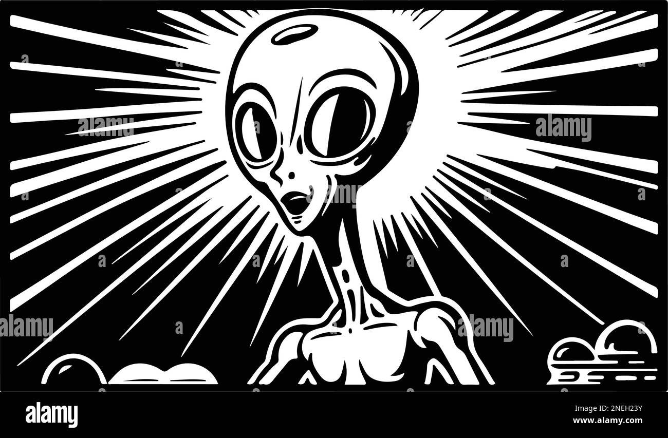 Beautiful and mysterious linocut art of an alien made for print digital ...
