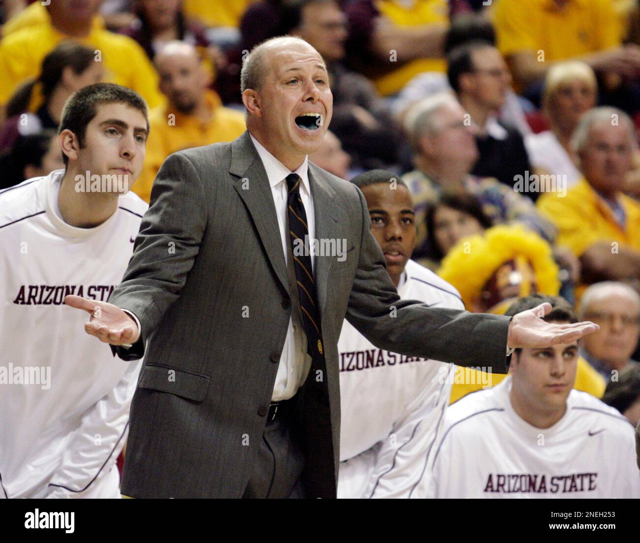 Arizona State coach Herb Sendek questions a foul call against his team ...