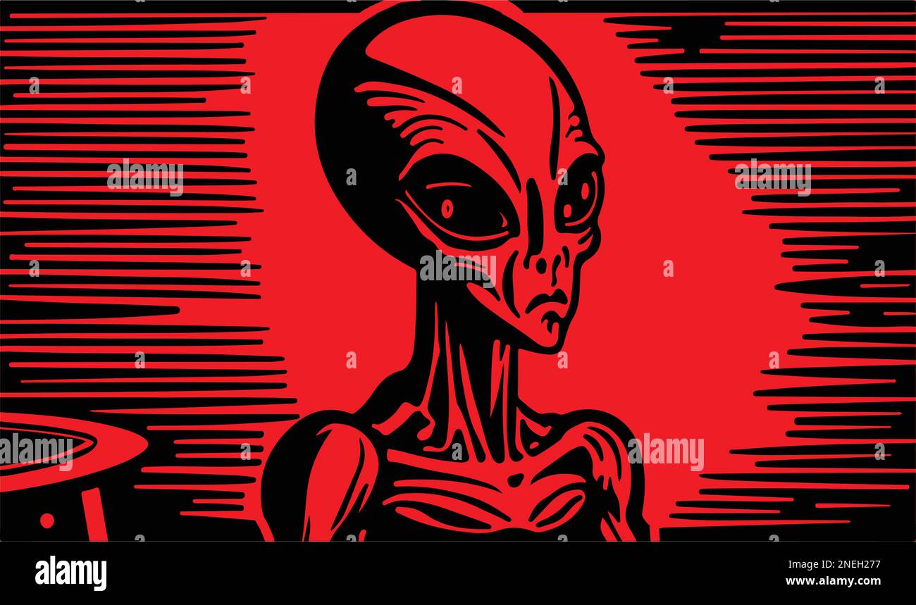 Beautiful and mysterious linocut art of an alien made for print digital ...