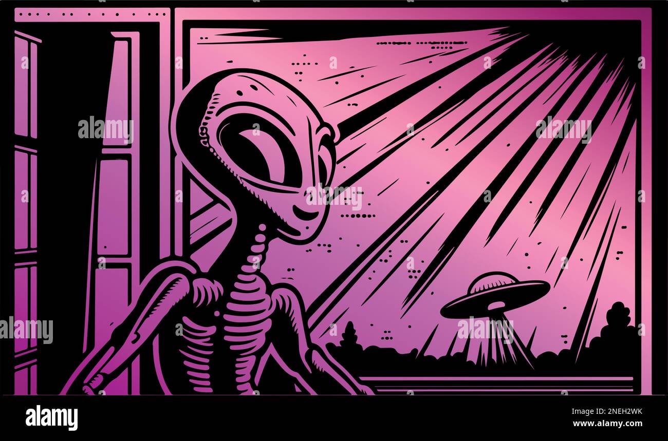 Beautiful and mysterious linocut art of an alien made for print digital ...