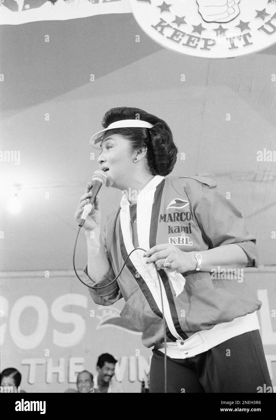 Philippine First Lady Imelda R. Marcos sings a love song as she ...