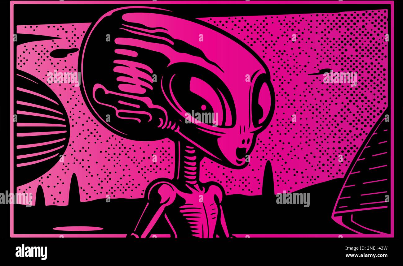 Beautiful and mysterious linocut art of an alien made for print digital ...