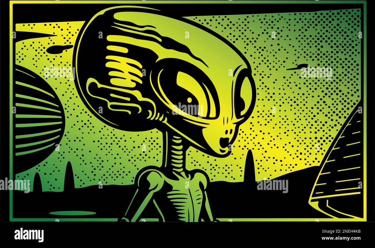Beautiful and mysterious linocut art of an alien made for print digital ...