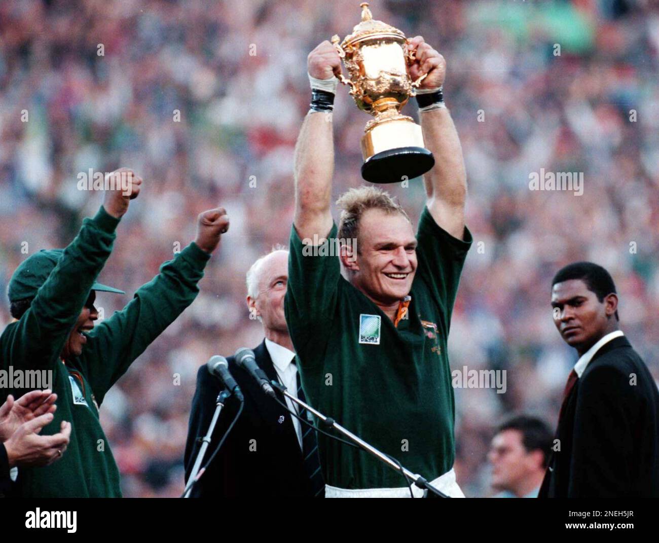 South Arican President Nelson Mandela, left, cheers as Springbok Rugby ...
