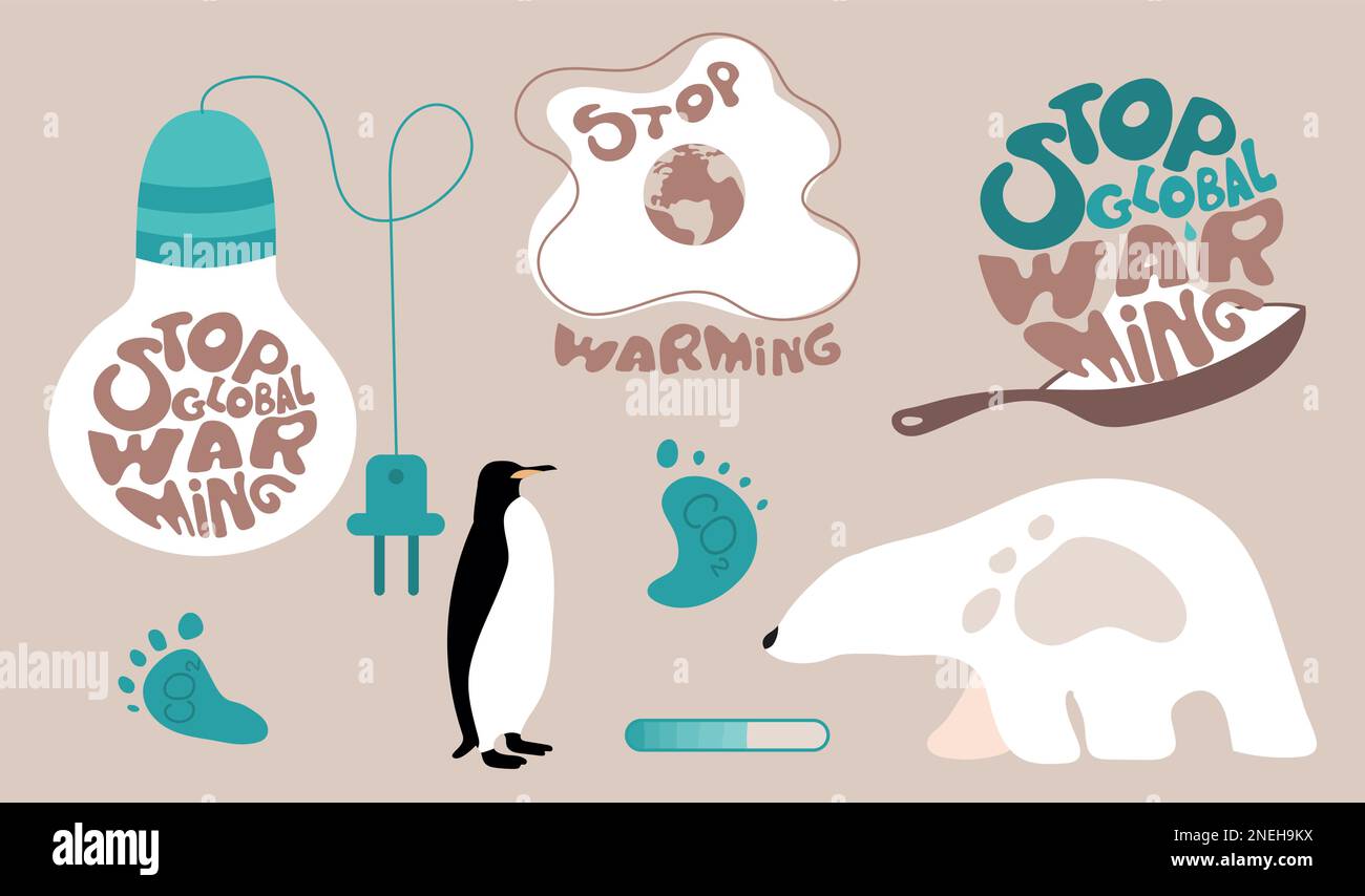 Set with polar bear, penguin, foot print, lightbulb, lettering STOP ...