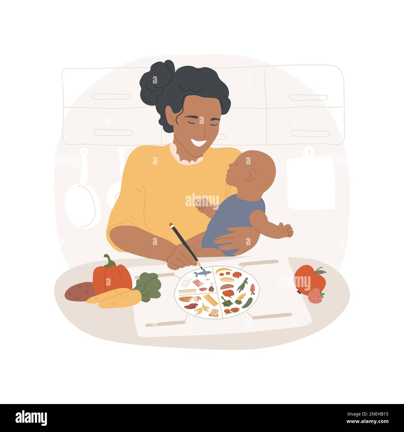 Baby food chart isolated cartoon vector illustration. Young mom making ...