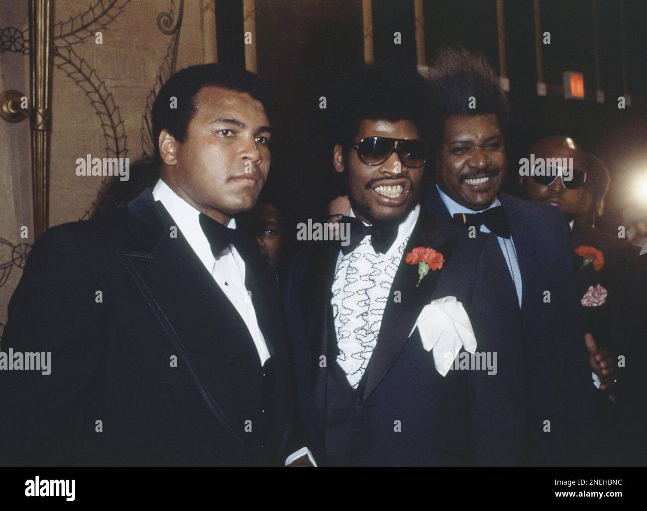 Muhammad Ali shown with Leon Spinks and boxing promoter Don King at a ...