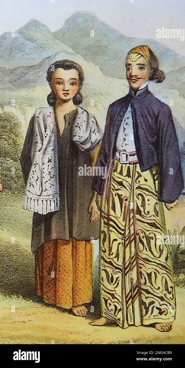 A late 19th century coloured engraving showing typical dress of the ...