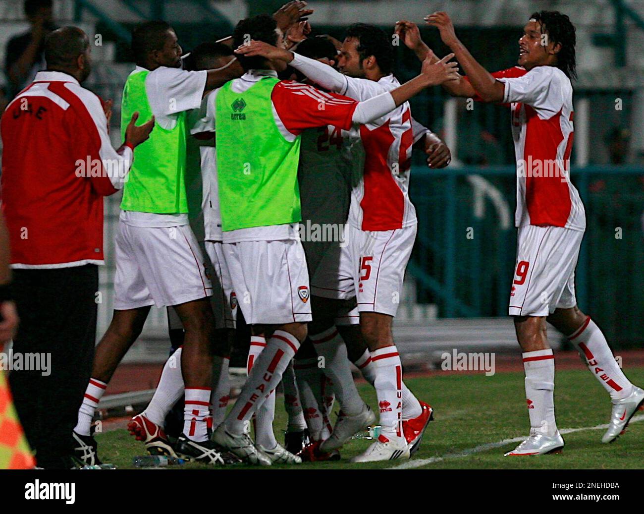 The UAE soccer players celebrate after their win against Malaysia ...