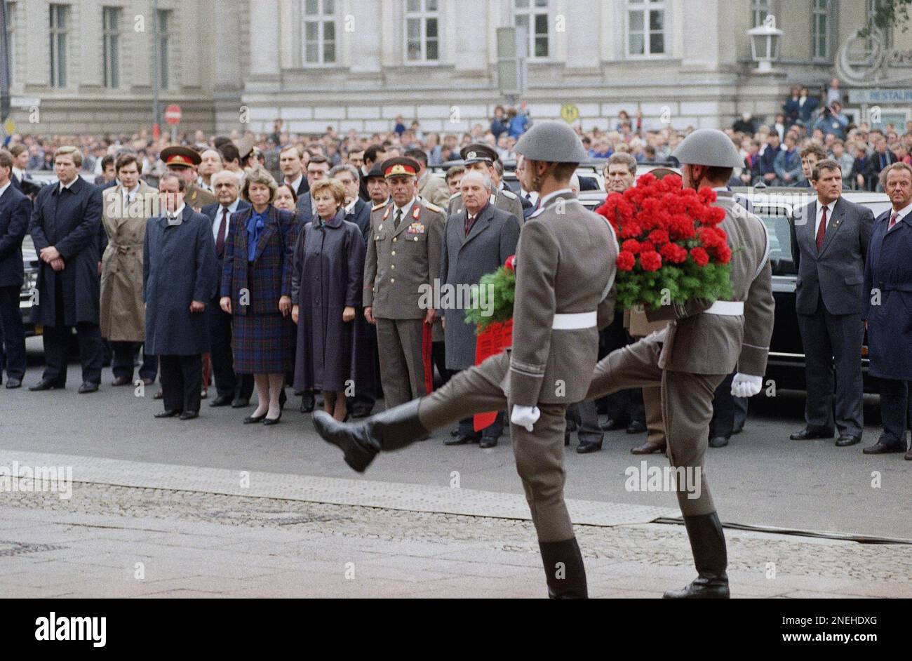 East German honor guards parade with a wreath when Soviet President Mikhail S. Gorbachev, East ...