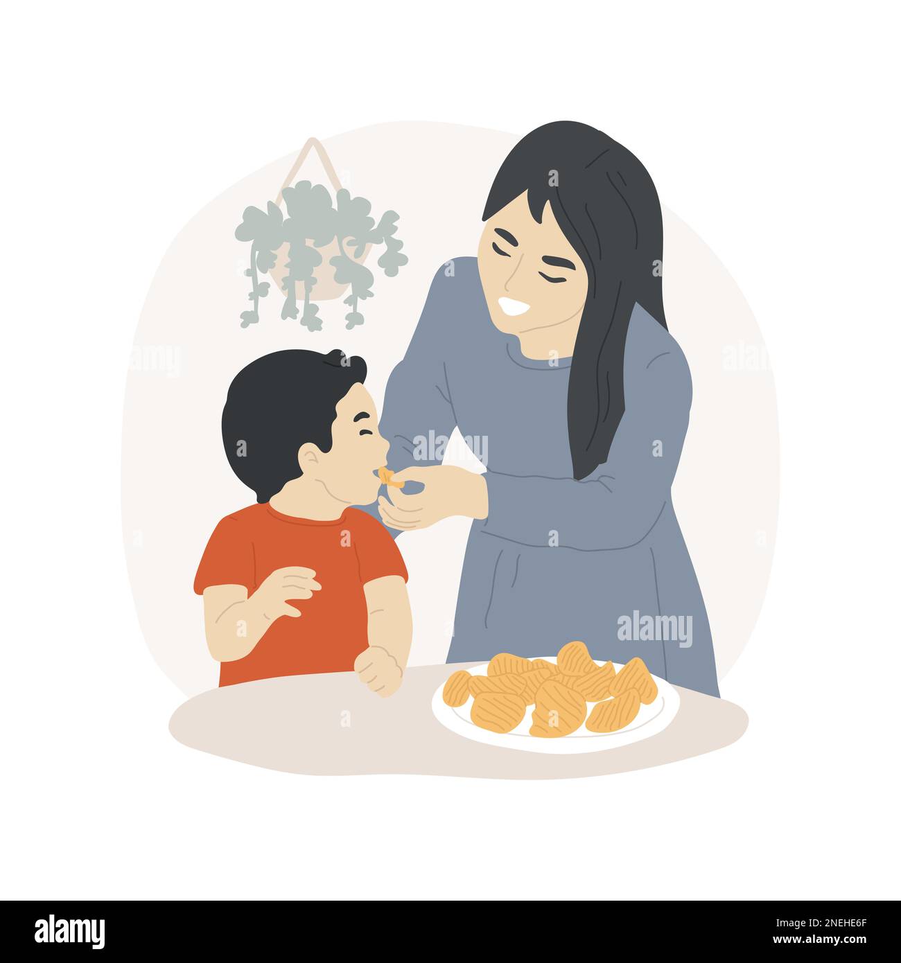 Unhealthy snacks isolated cartoon vector illustration. Mom feeding her ...