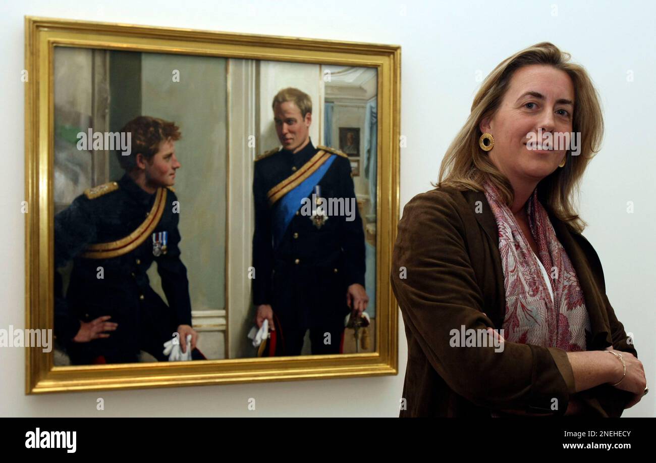 Artist Nicky Philipps poses with her new double-portrait of Britain's ...