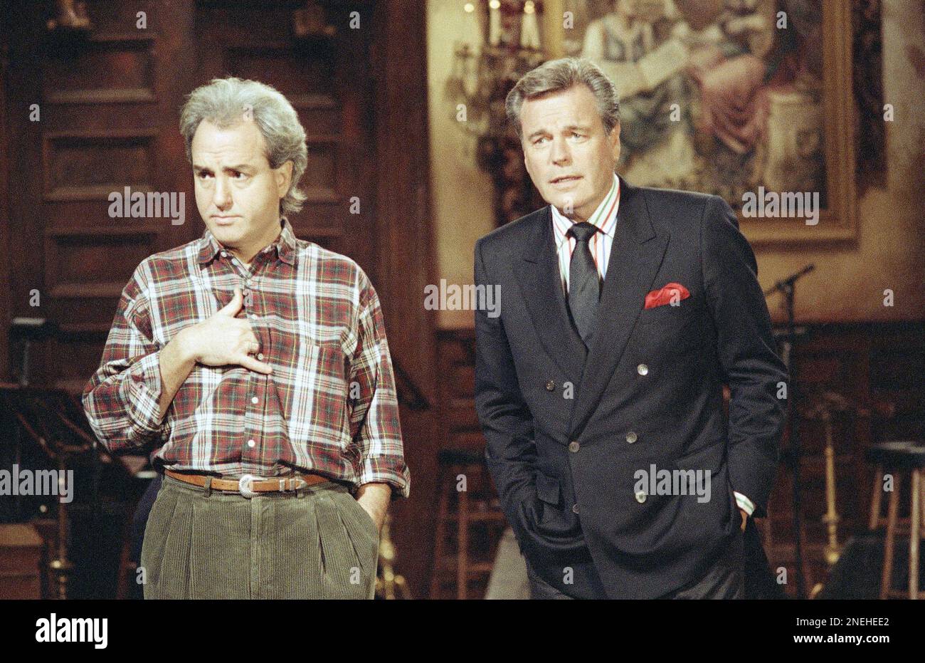 Actor Robert Wagner on the set with producer Lorne Michaels, rehearsing ...