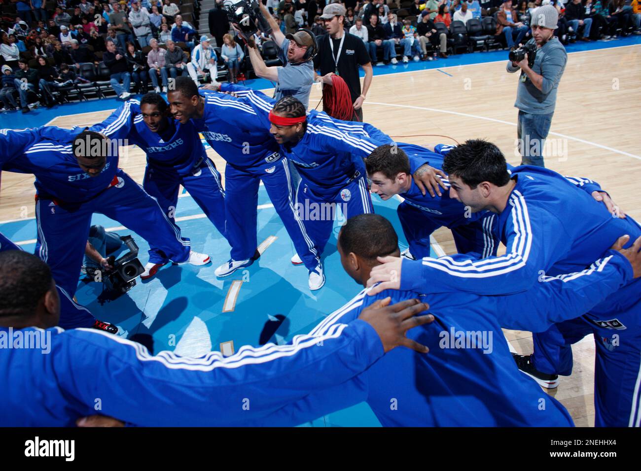 Philadelphia 76ers huddle up before facing the Denver Nuggets in the ...