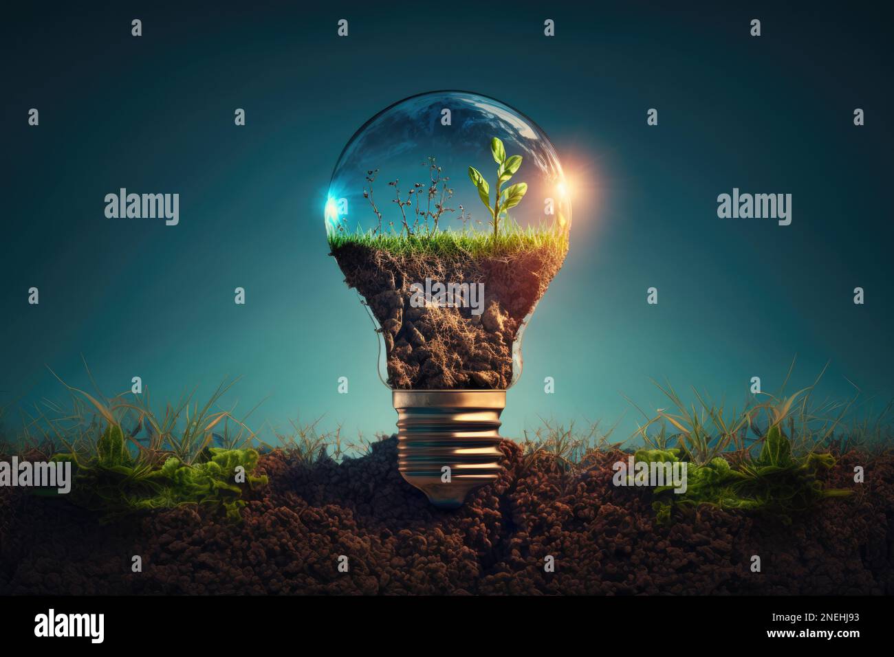 An earth-filled lightbulb containing a small tree, set against a blue ...