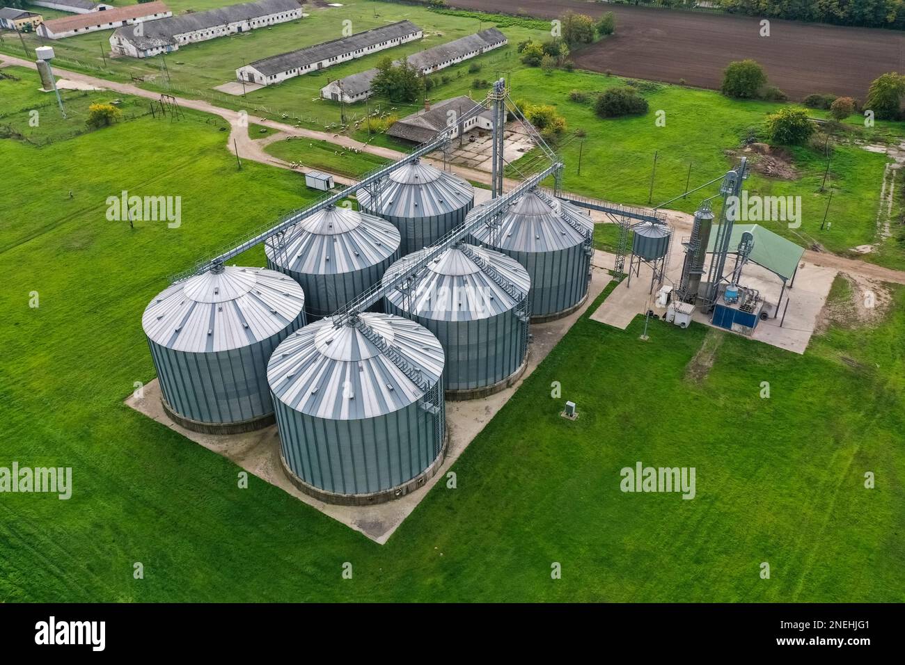 Agricultural silos on the farm in autumn, close-up drone view ...
