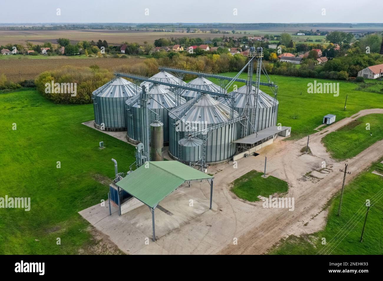 Agricultural silos on the farm in autumn, close-up drone view ...