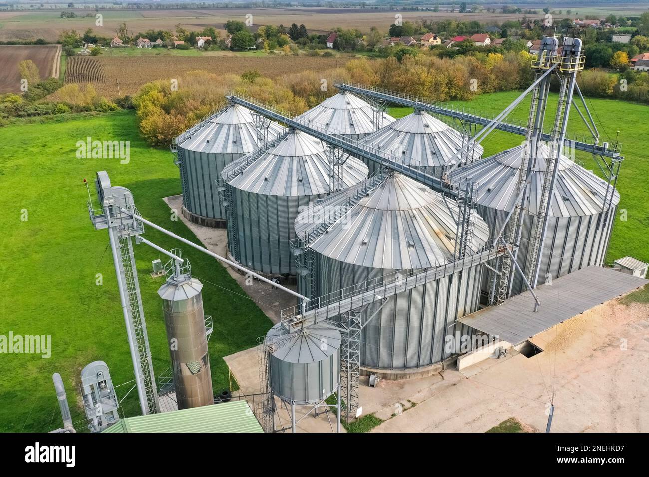 Agricultural silos on the farm in autumn, close-up drone view ...