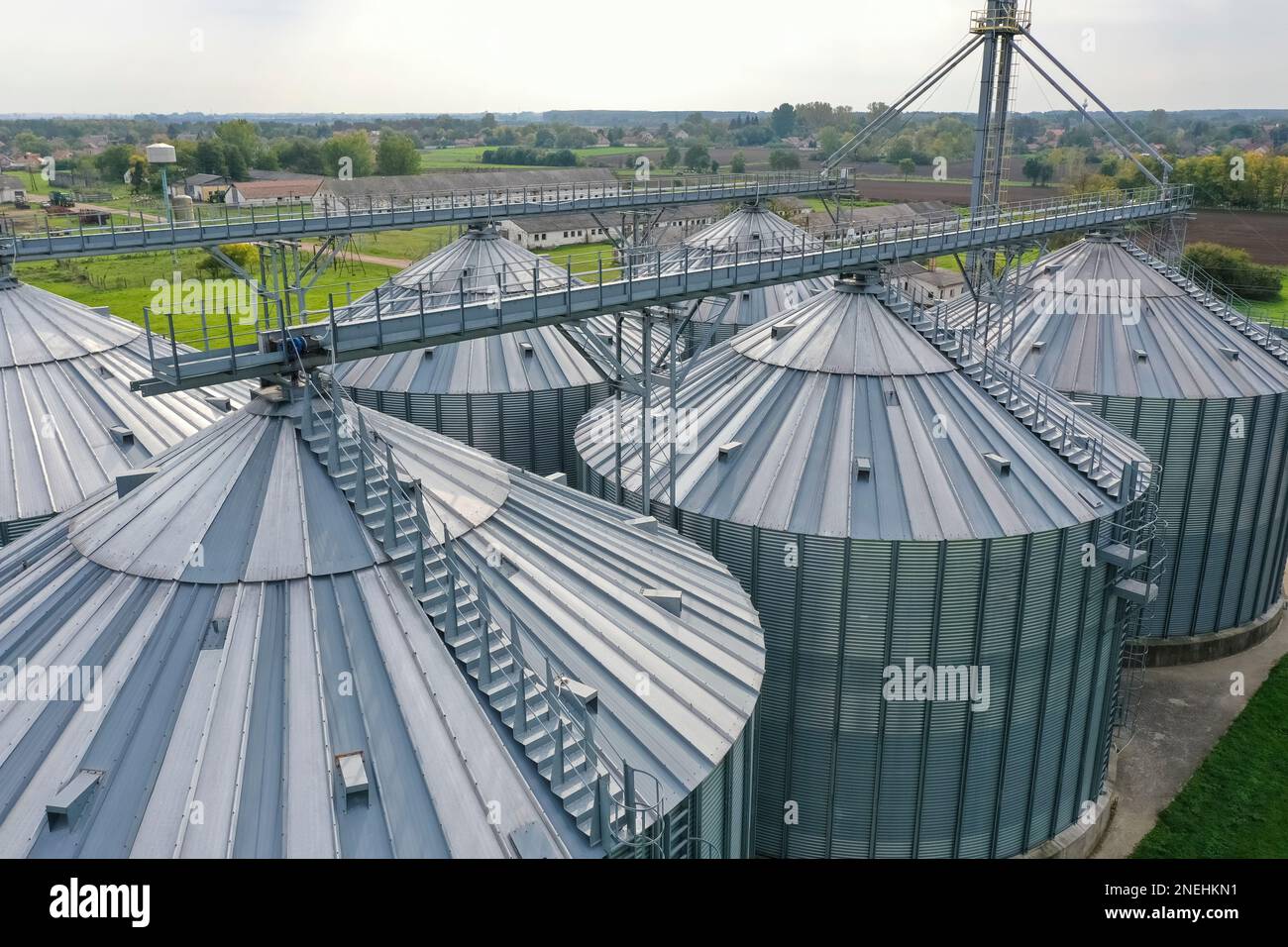 Agricultural silos on the farm in autumn, close-up drone view ...