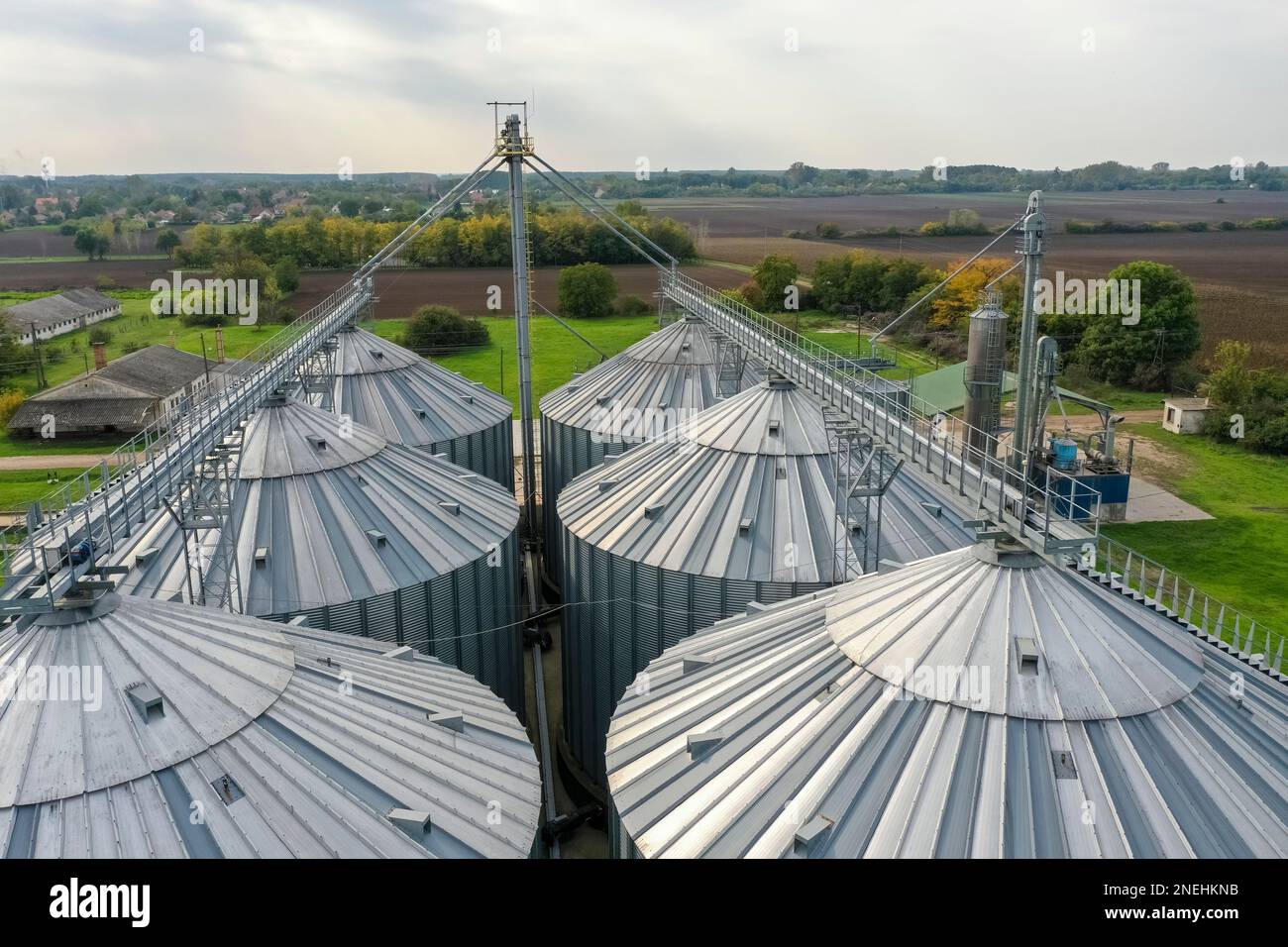 Agricultural silos on the farm in autumn, close-up drone view ...