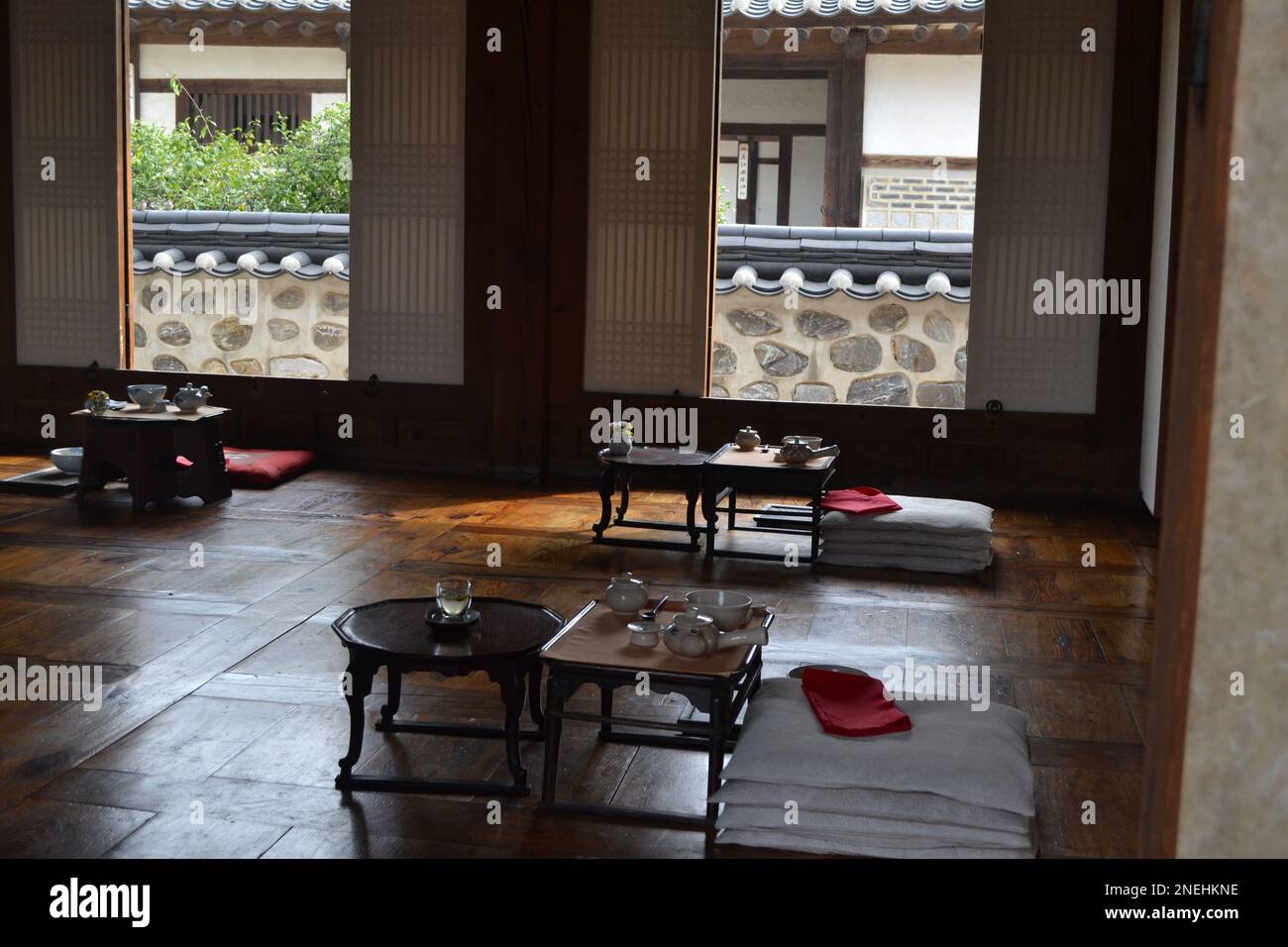 A setup of tea utensils for a traditional tea ceremony in a Korean ...