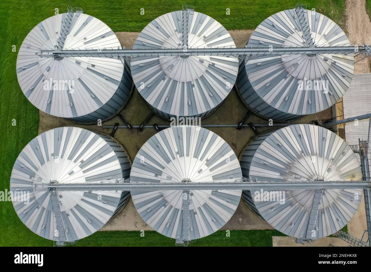 Agricultural silos on the farm in autumn, close-up drone view ...