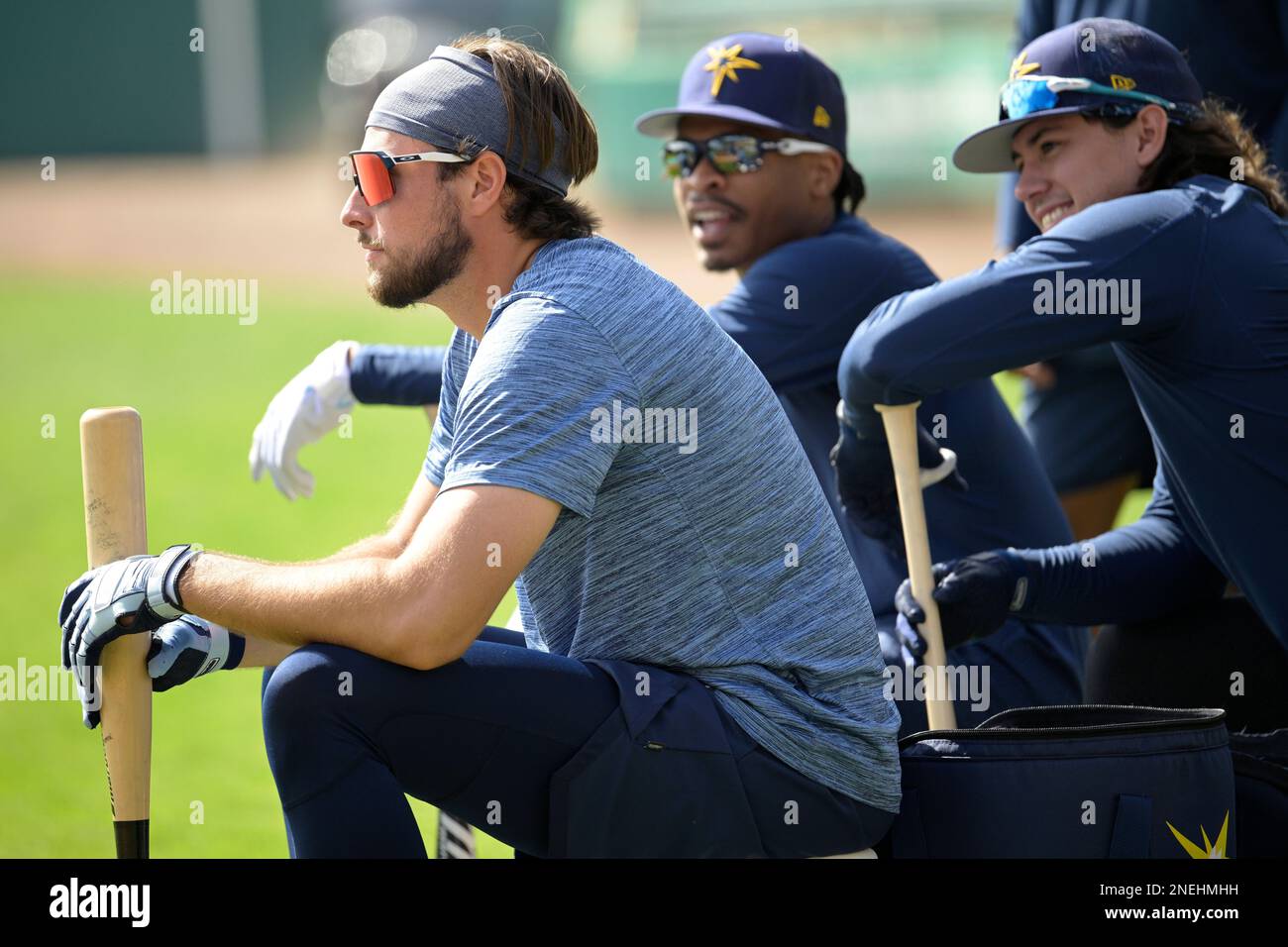 Tampa Bay Rays' Josh Lowe, left, Greg Jones, center, and Tristan Gray ...