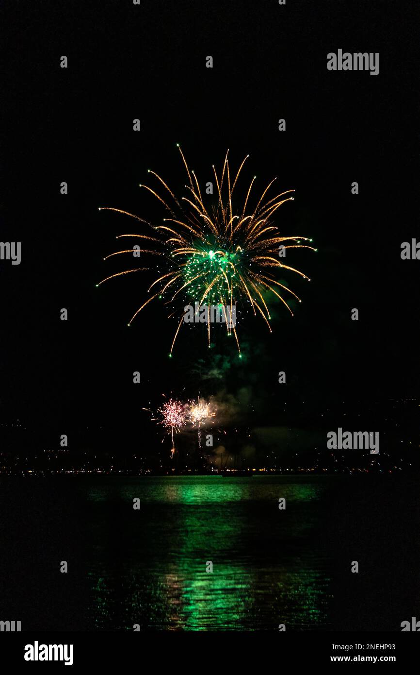 A vertical shot of fireworks over a lake in the sky at night Stock ...