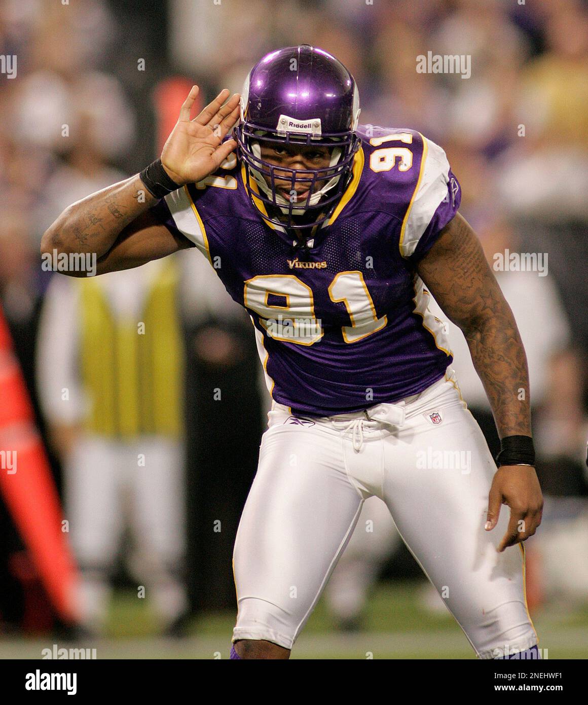 Minnesota Vikings defensive end Ray Edwards celebrates after a sack on ...