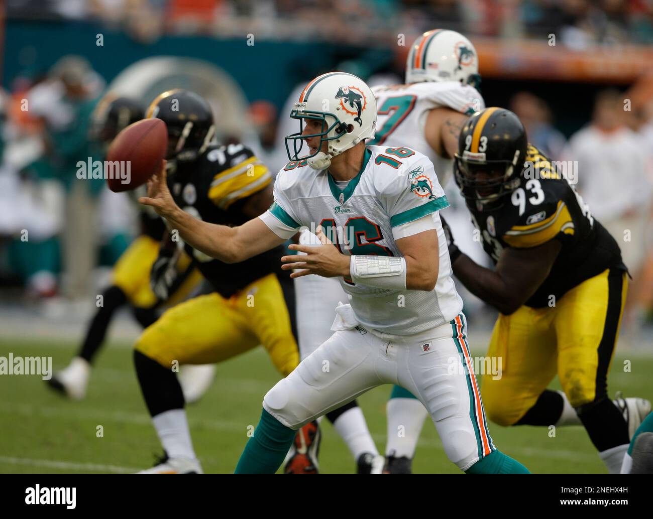 Miami Dolphins quarterback Tyler Thigpen flips a pass during the second ...