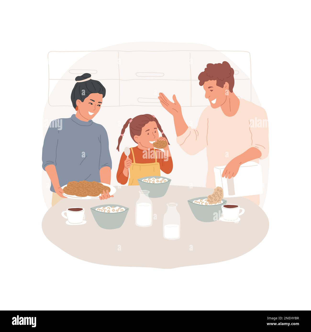 Breakfast isolated cartoon vector illustration. Family eating together, sitting at the table ...