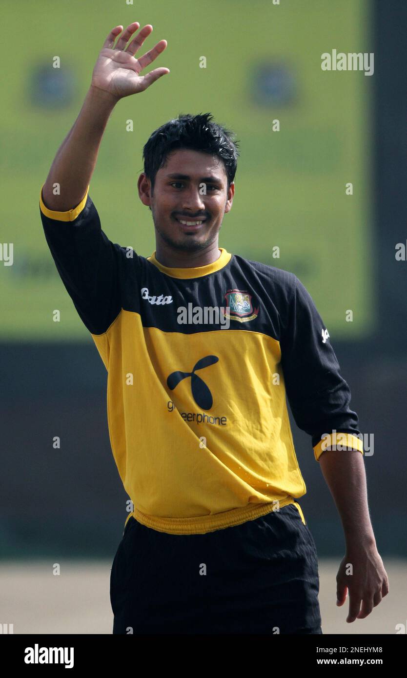 Bangladesh cricketer Mohammad Ashraful gestures during a practice ...