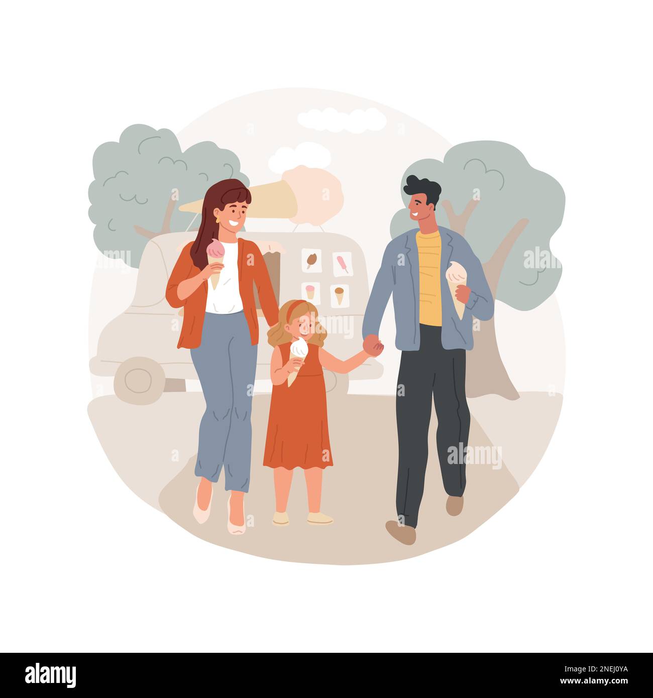 Ice-cream in a park isolated cartoon vector illustration. Happy parents ...