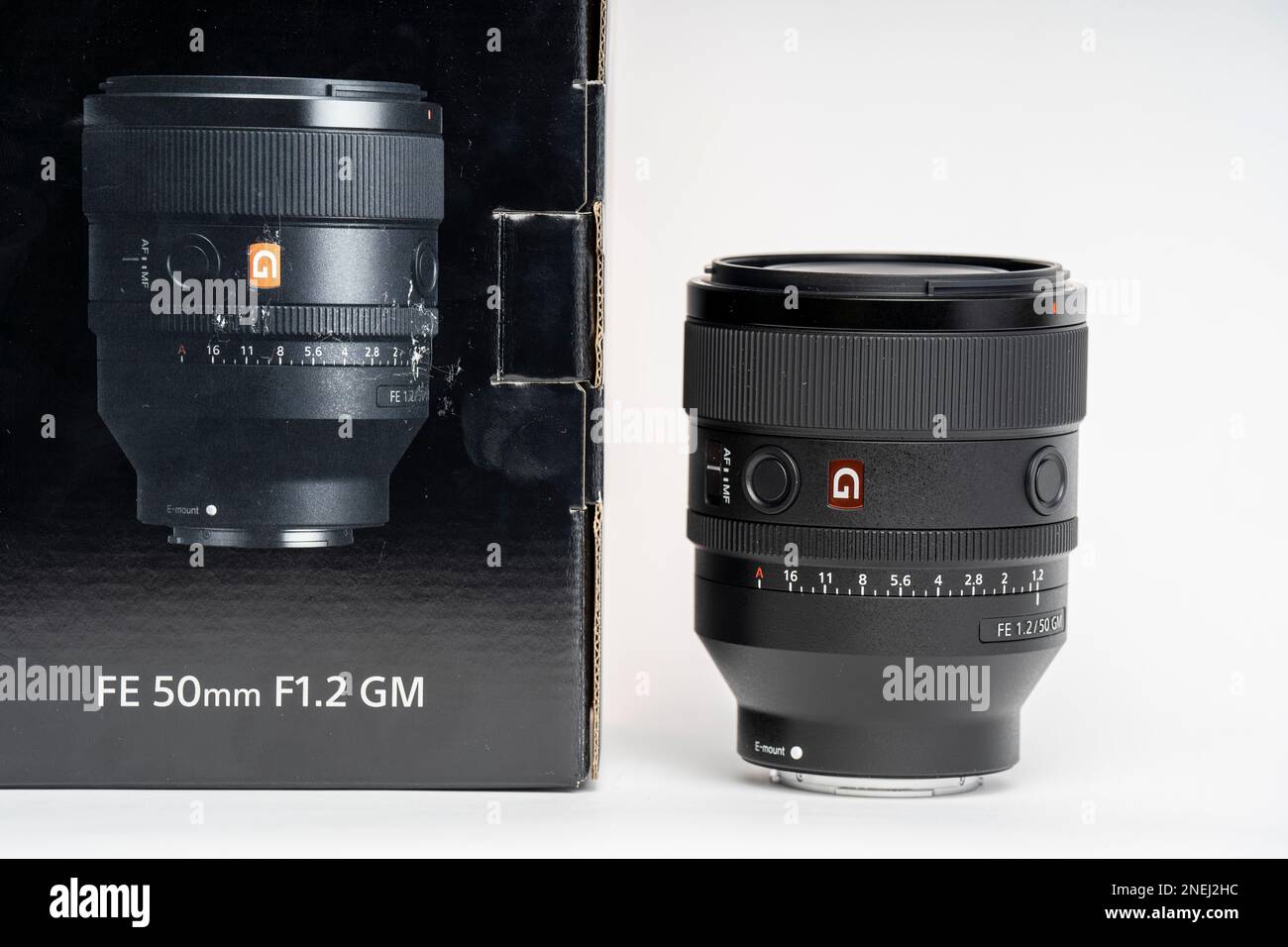 Sony G-Master SEL FE 50mm f 1.2 GM lens, paper box. Selective focus ...