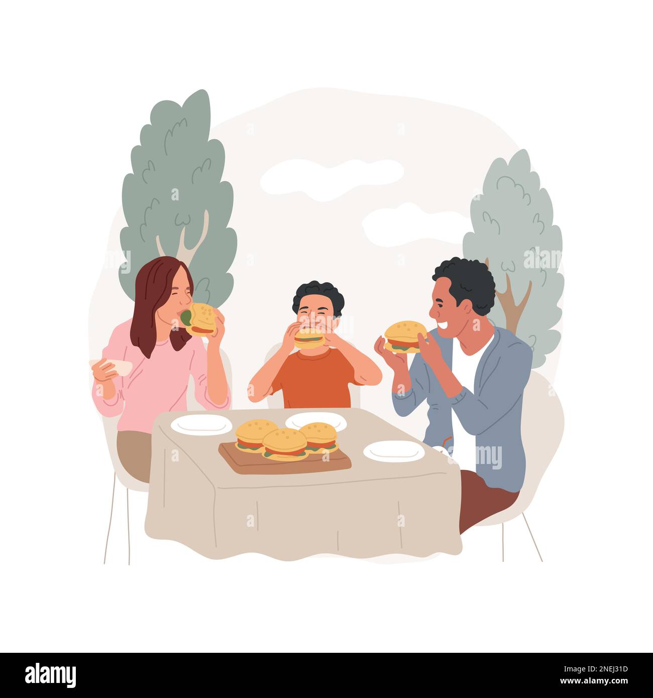 Burgers isolated cartoon vector illustration. Parents with kid eating ...
