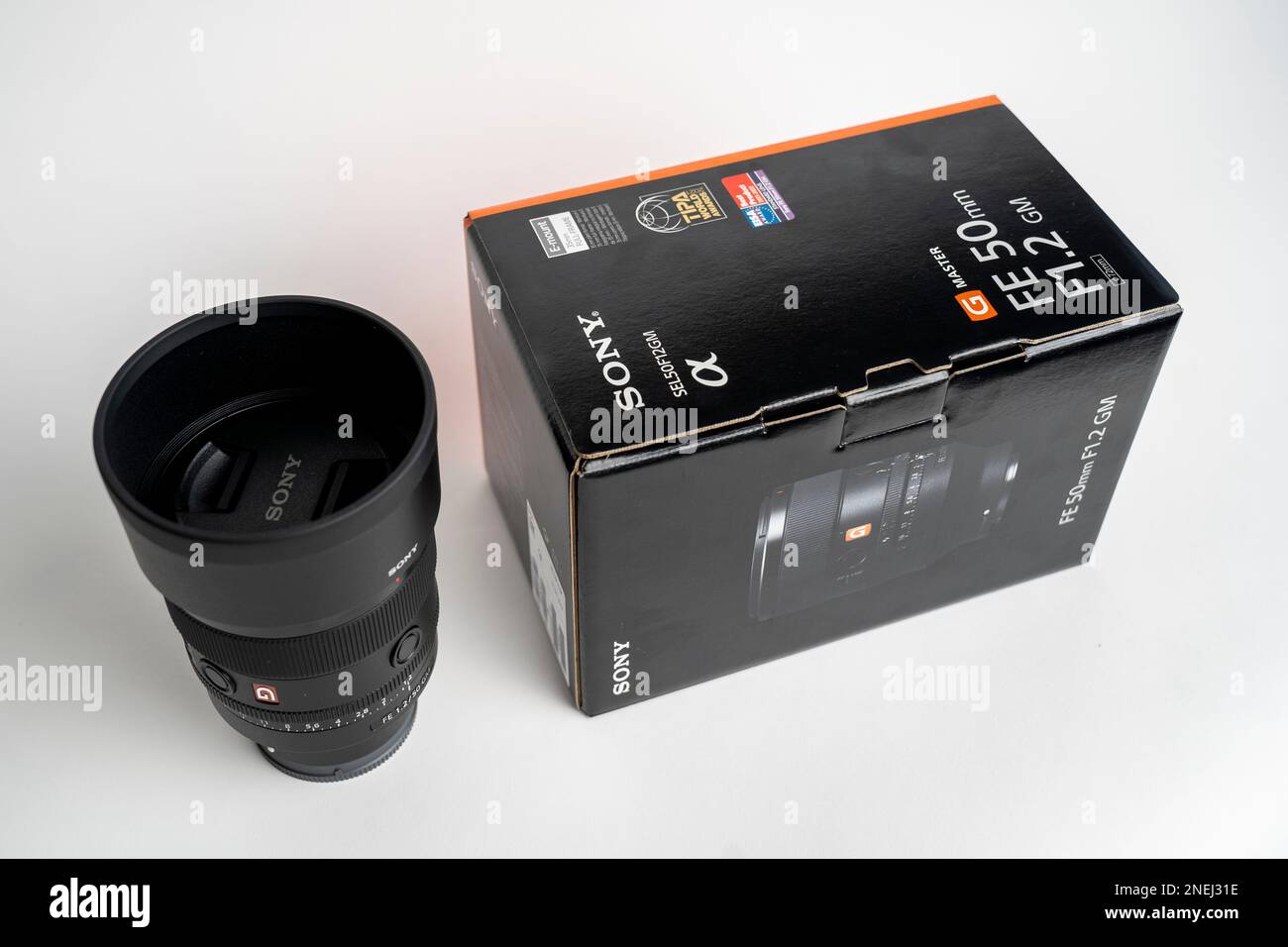 Sony G-Master SEL FE 50mm f 1.2 GM lens, paper box. Selective focus ...