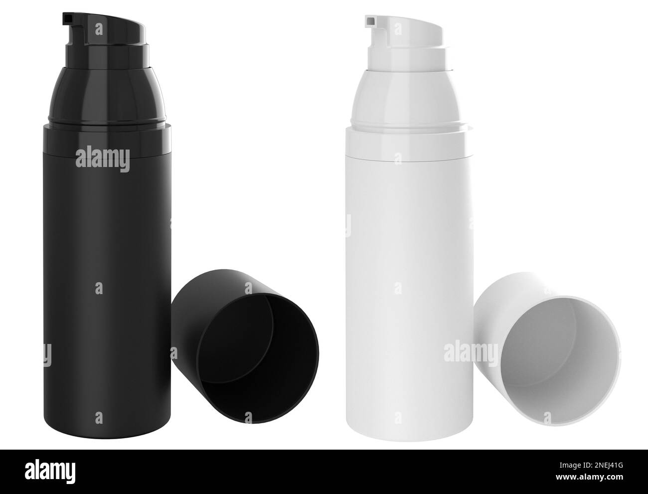 A black and a white plastic creme dispenser mockup with cap lying aside ...